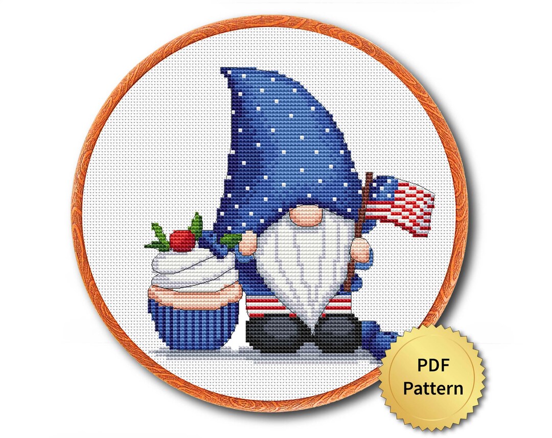 USA Patriot Gnome Cross Stitch Pattern, 4th of July, American Gnome ...