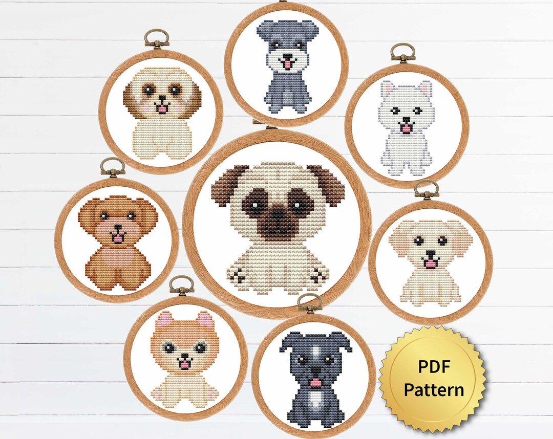 SET of 8 Cute Tiny Puppies Dog Cross Stitch Pattern. Super Easy Small ...
