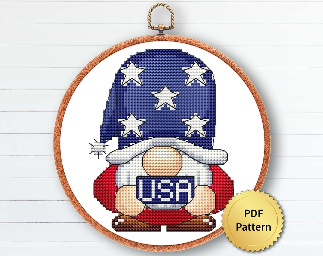 Funny USA Patriot Gnome Cross Stitch Pattern, Easy Cute 4th of July ...