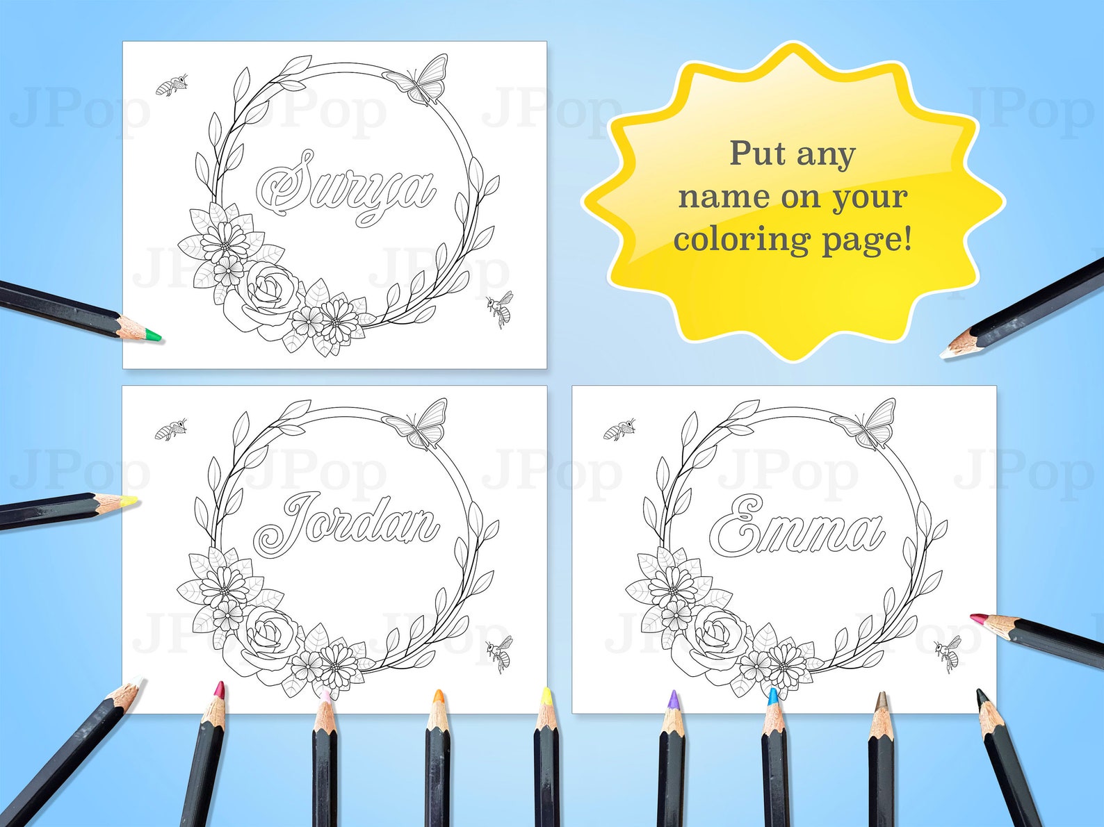 Printable Personalized Coloring Page - Flower Wreath Coloring Page ...