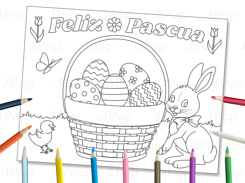 Printable Easter Coloring Page - Feliz Pascua - Easter Basket - Easter ...
