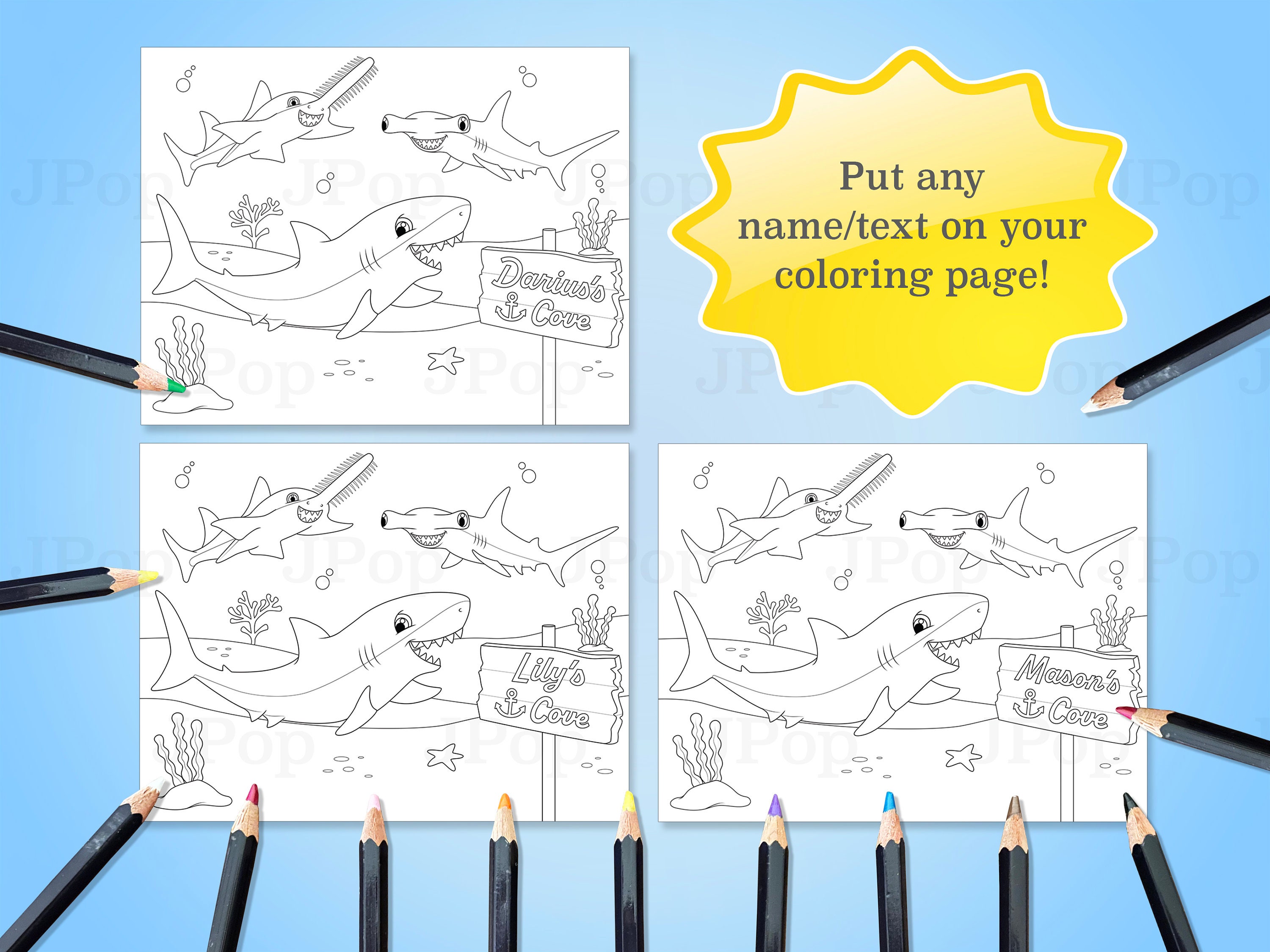 Personalized Sharks Coloring Page: Custom Name Printable (digital ...