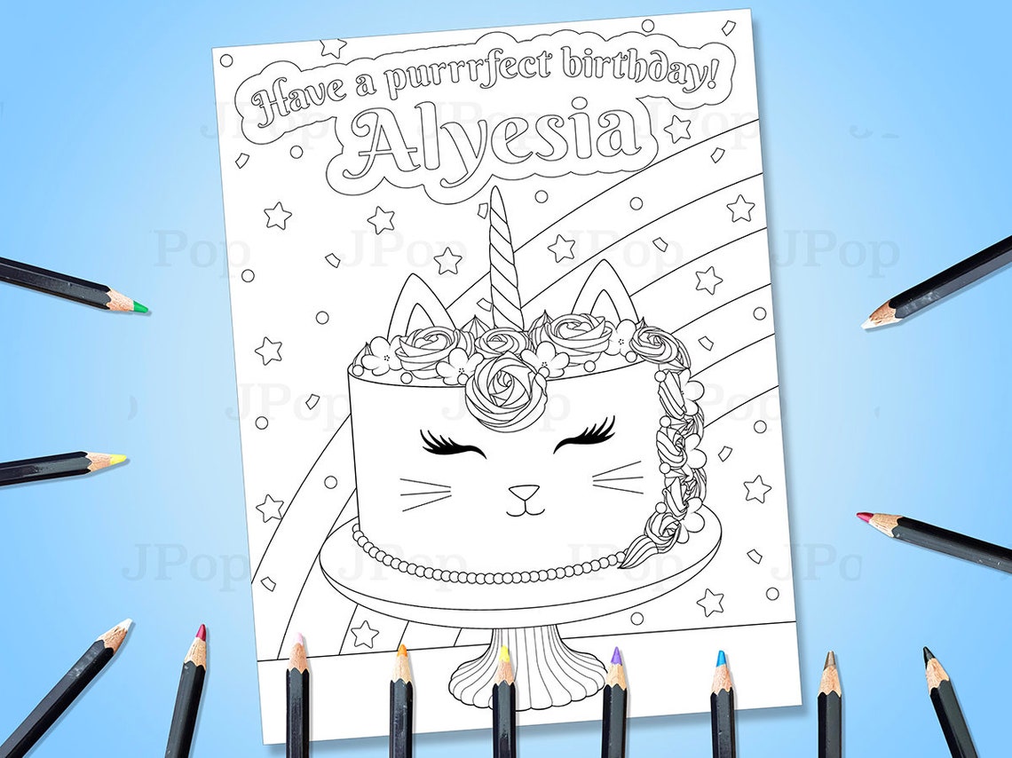 Personalized Caticorn Birthday Cake Coloring Pages (digital Download ...