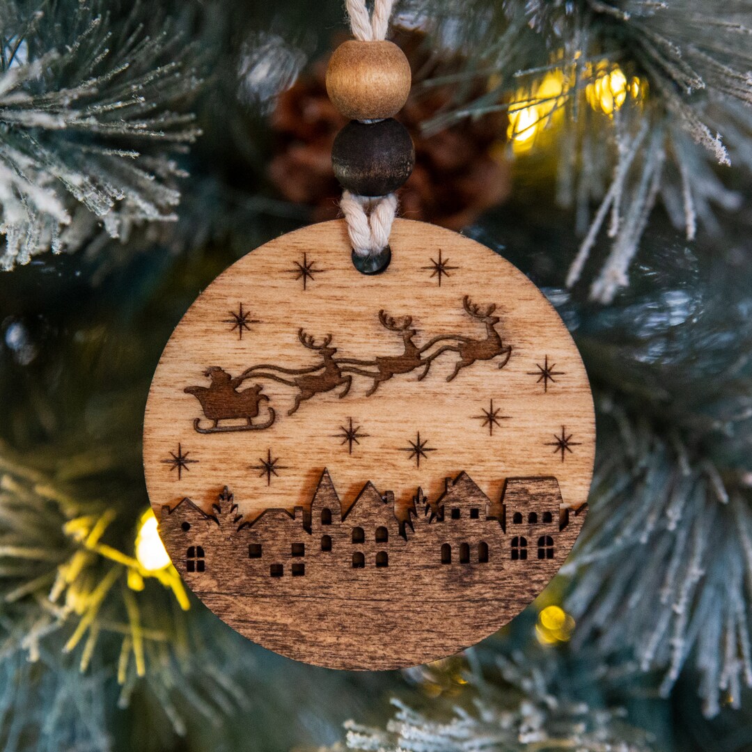 Rustic Wood Christmas Ornament, Santa Sleigh Reindeer Night Sky Scene ...