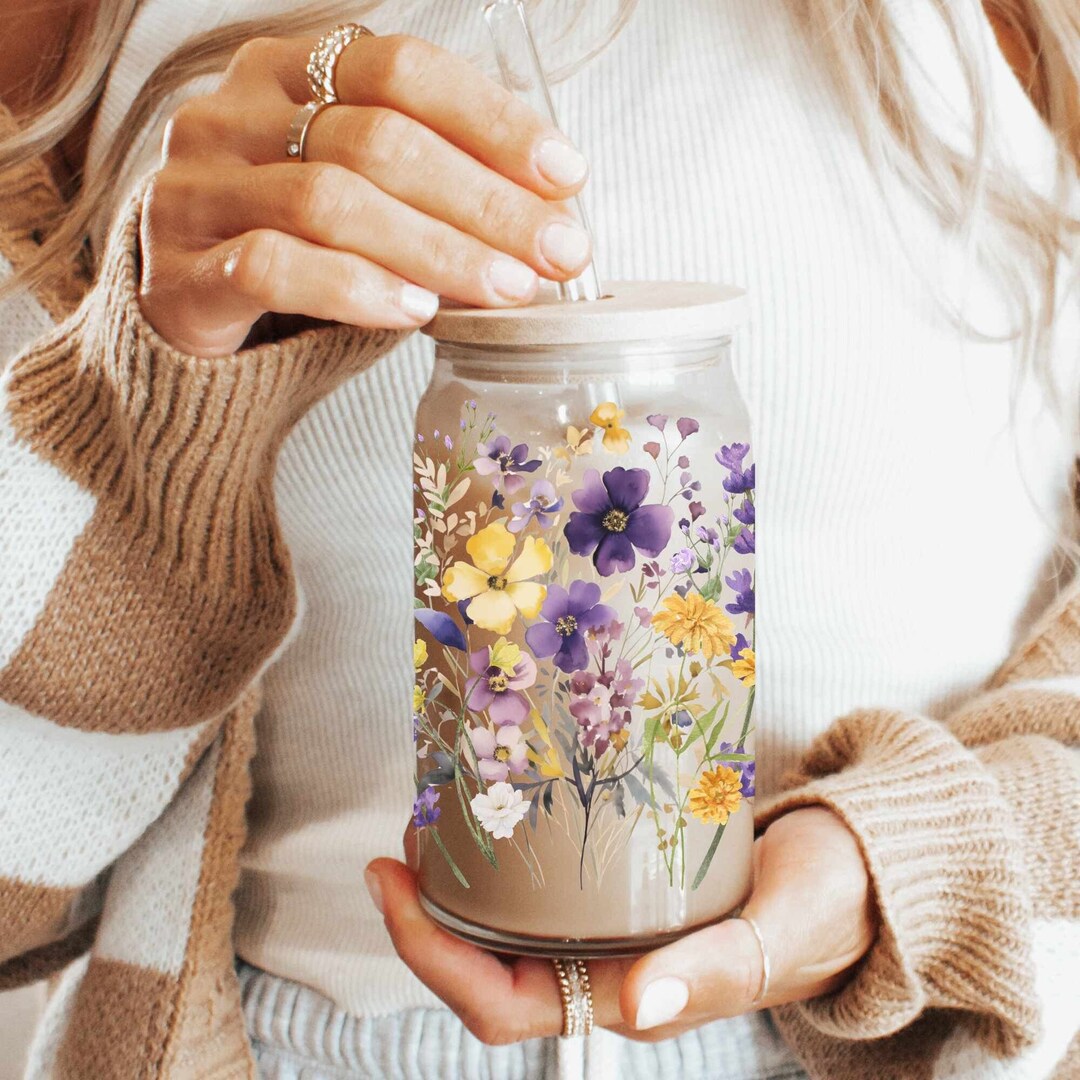 Spring Iced Coffee Glass Floral Iced Coffee Cup Wildflowers Iced Coffee ...