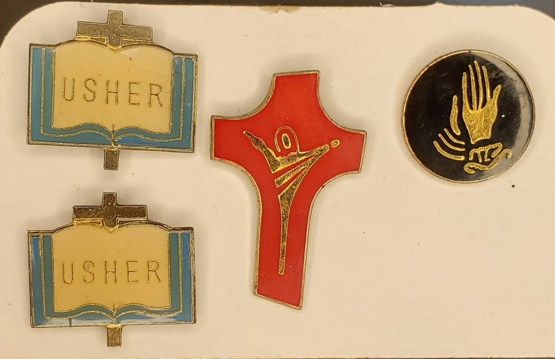 Vintage Enamel Pins // Set of 2 Usher Pins // Jesus Christ on the Cross ...