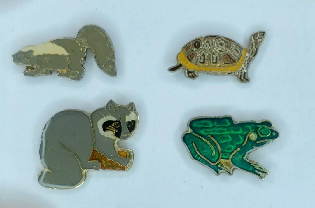 Vintage Enamel Wildlife Pins // Skunk / Turtle / Racoon / Frog ...