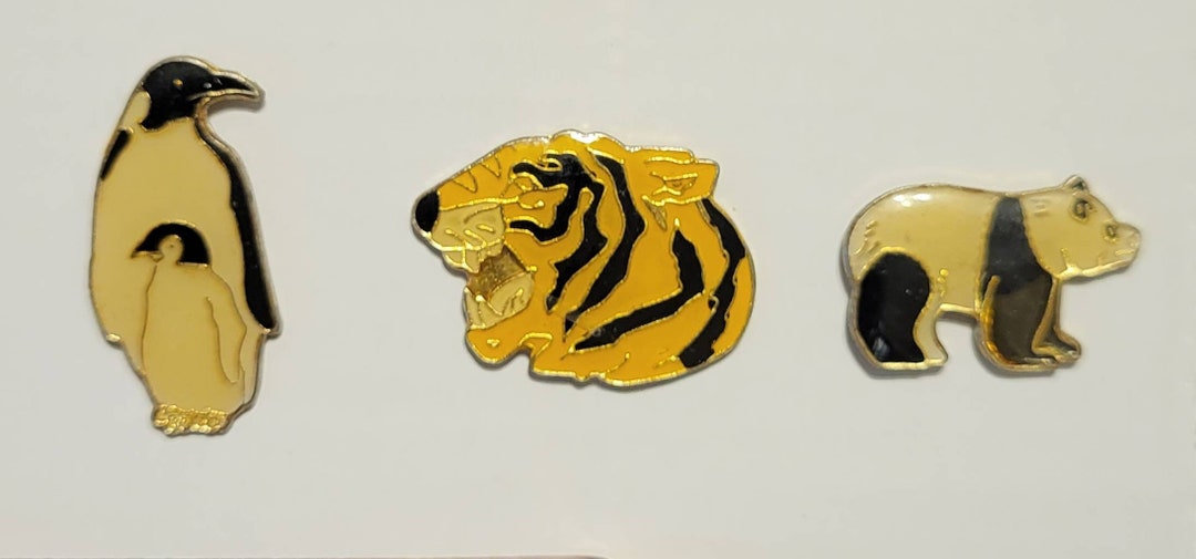 Vintage Enamel Wildlife Pins // Penguin and Baby // Lion Bengal Tiger ...