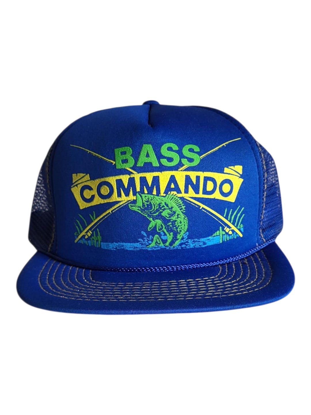 Vintage Bass Commando Trucker Hat – Blue Mesh Snapback Cap, Fishing ...