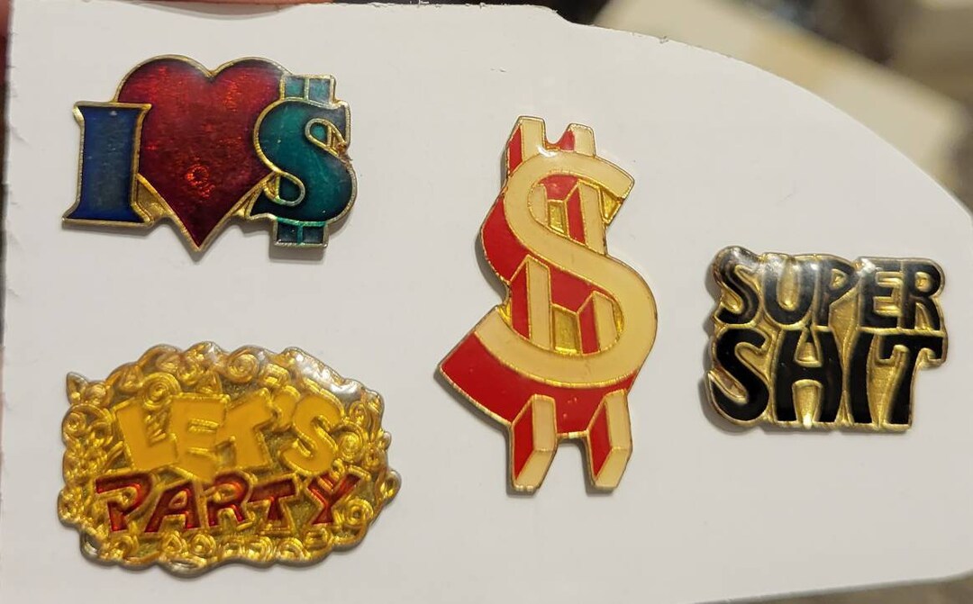 Vintage Enamel Money Pins // I Love Money // Dollar Money Sign // Let's ...