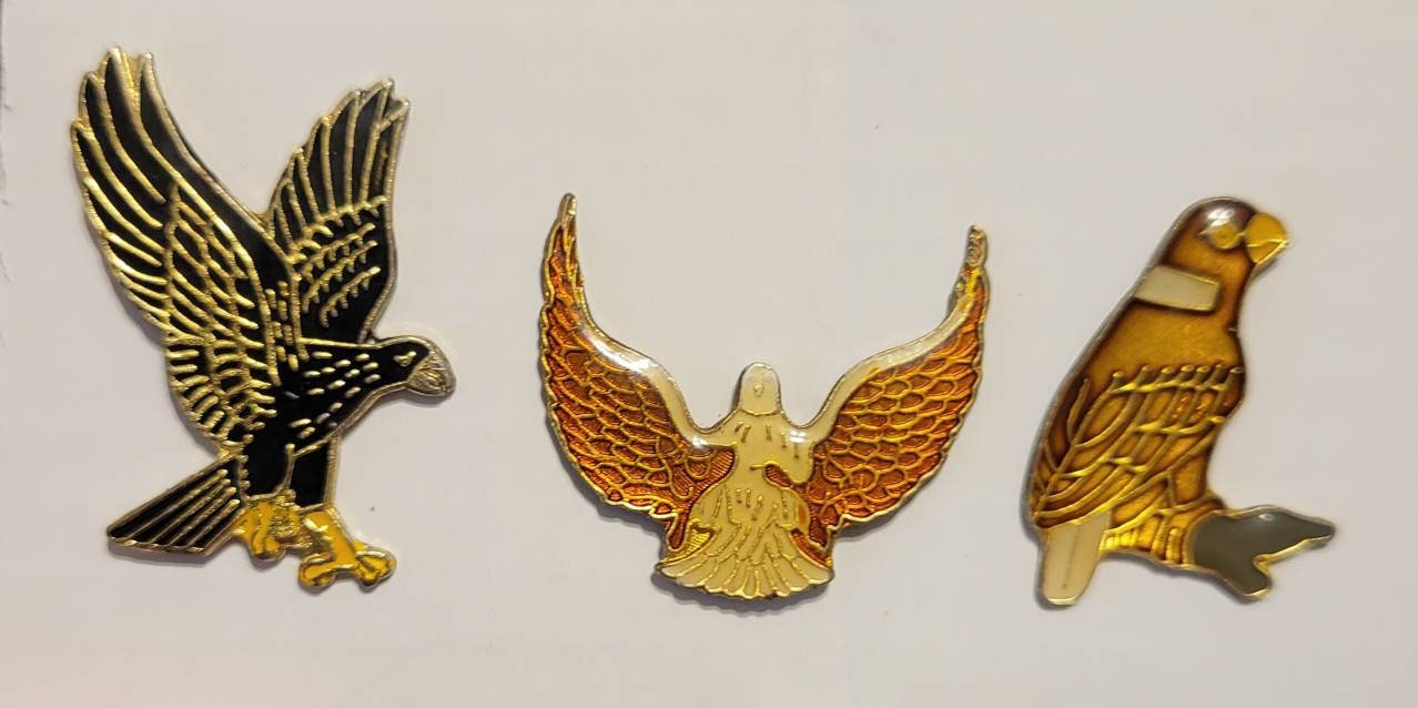 Vintage Enamel Bird Pins // Wild Birds of Prey Pins // Hawk Golden ...