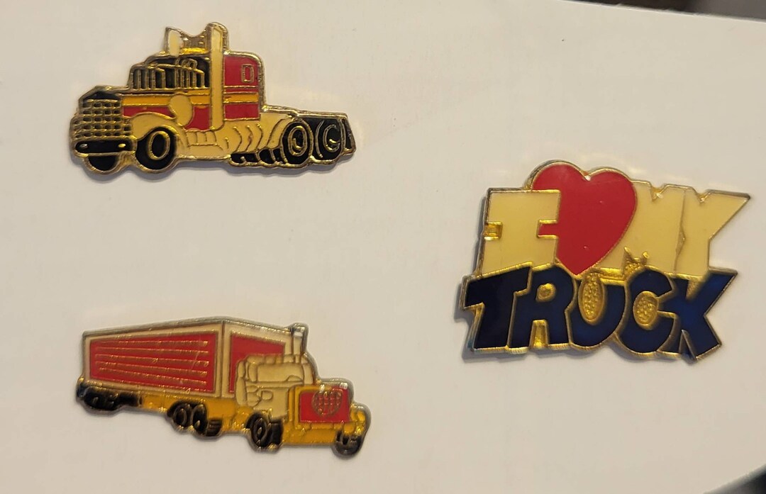 Vintage Enamel Trucker Pins // Retro Big Rig Pins // Red and Gold Semi ...