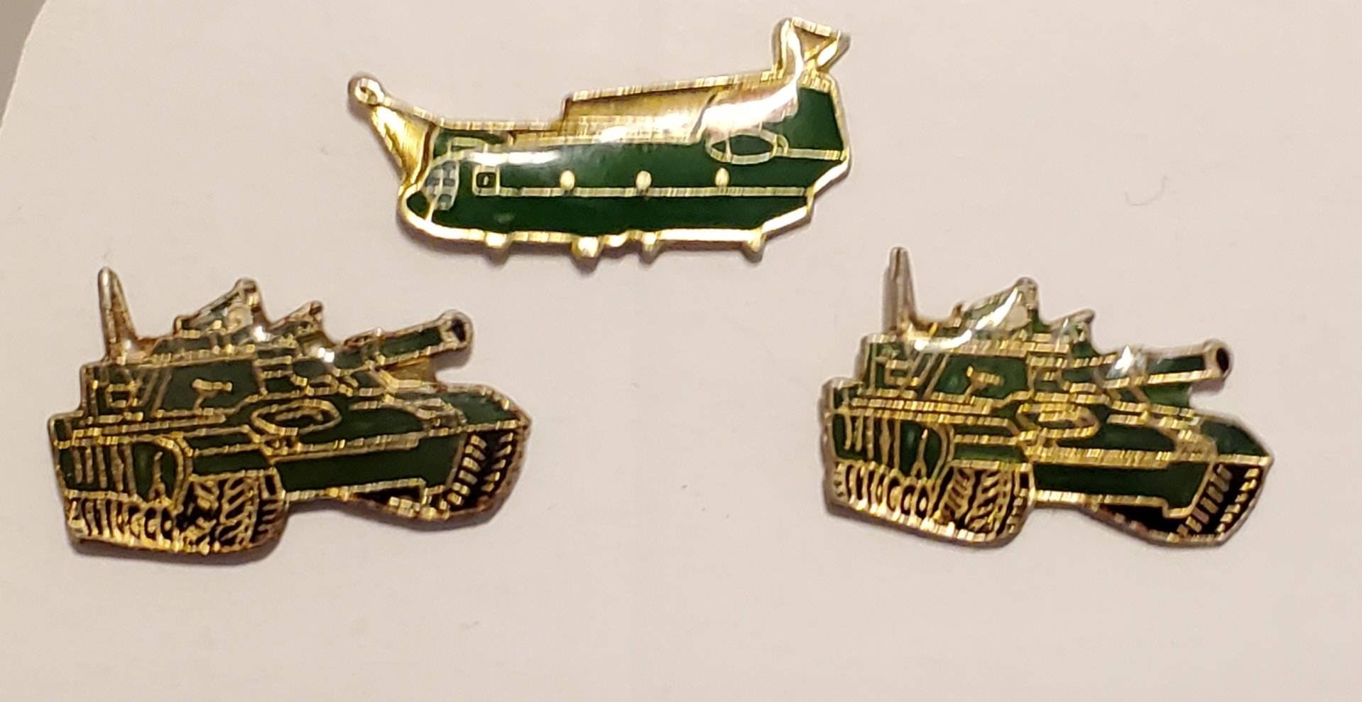 Vintage Enamel Pins // Army Tank Green and Gold Tone // Ch-47 Chinook Helicopter // Military ...