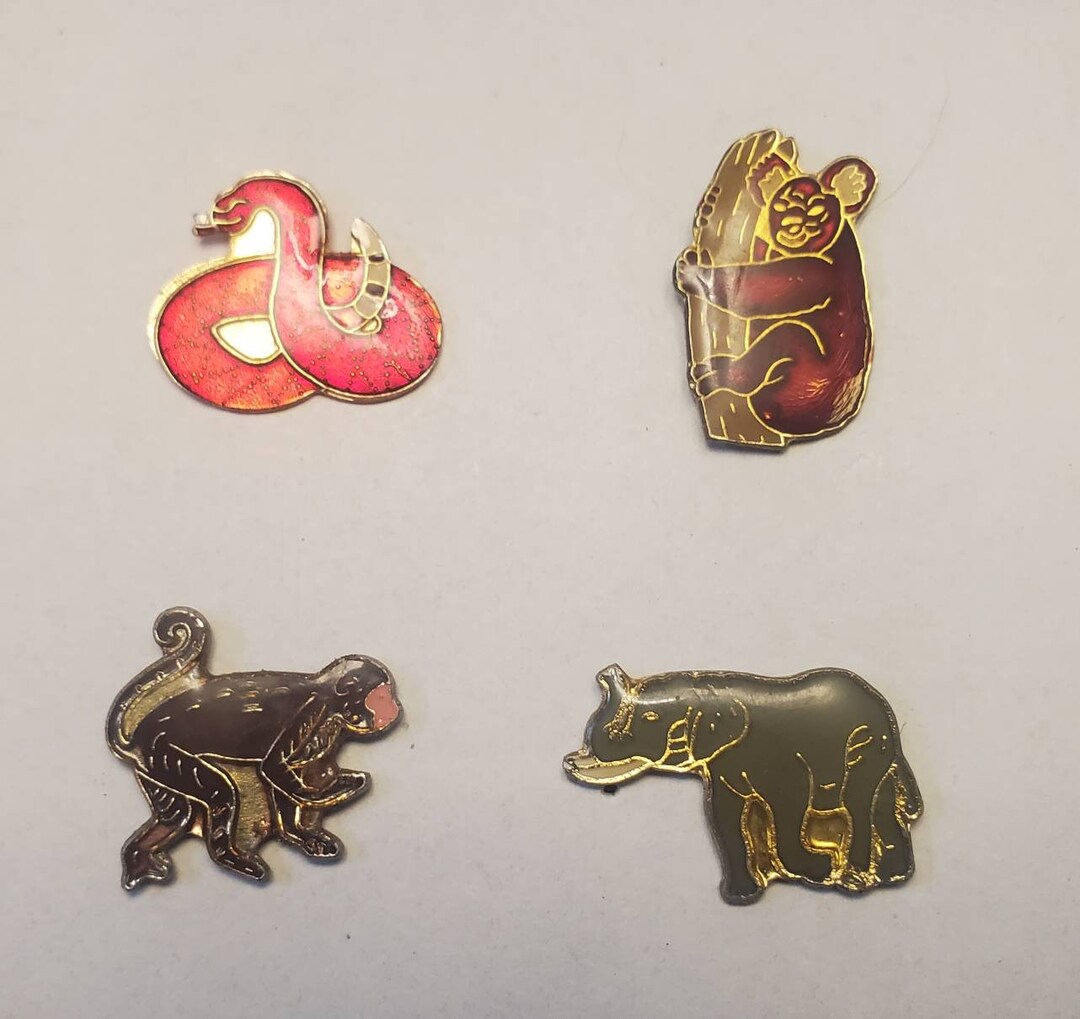 Vintage Enamel Wildlife Pins // Snake Koala Monkey Elephant Pins ...