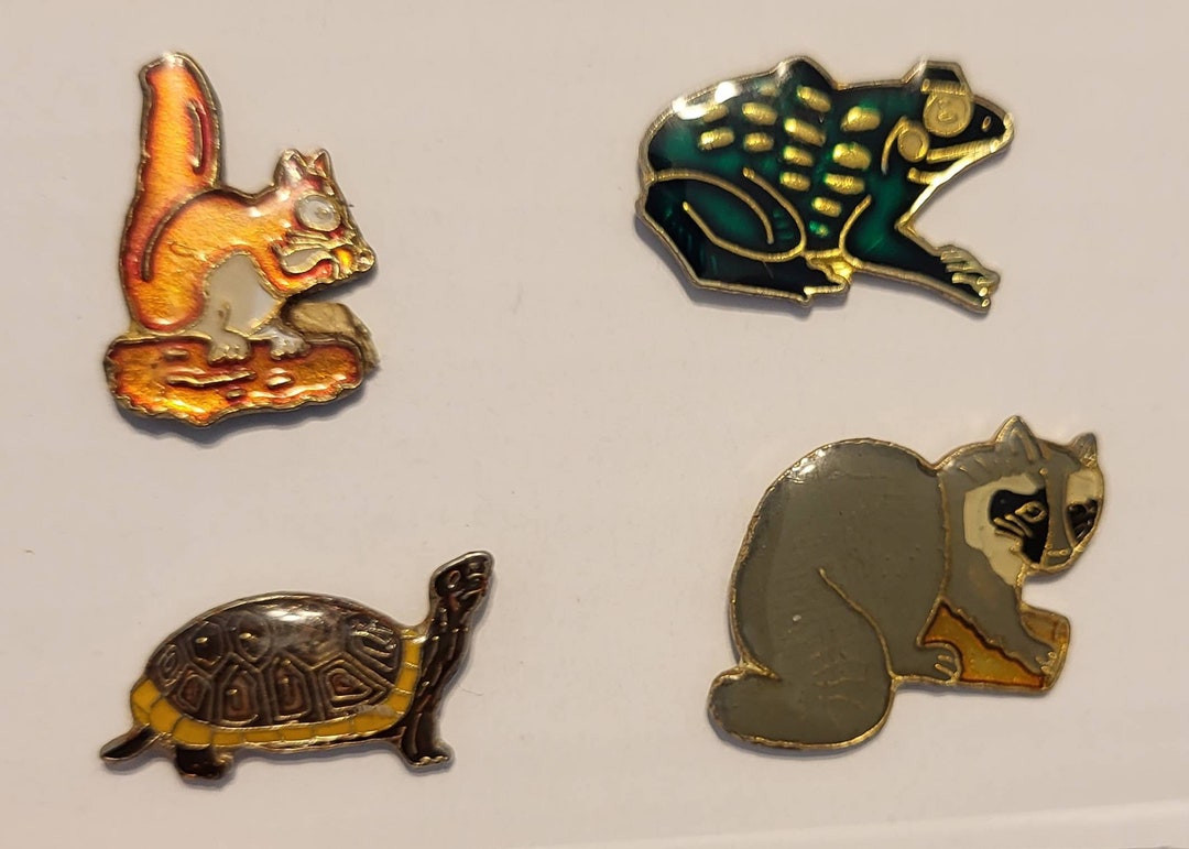 Vintage Enamel Wildlife Pins // Squirrel / Turtle / Racoon / Frog ...