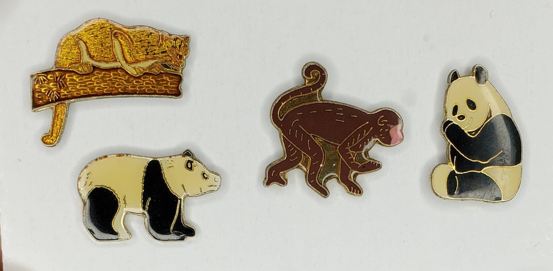 Vintage Enamel Wildlife Pins // Cougar Big Cat / Panda Bear / Monkey ...