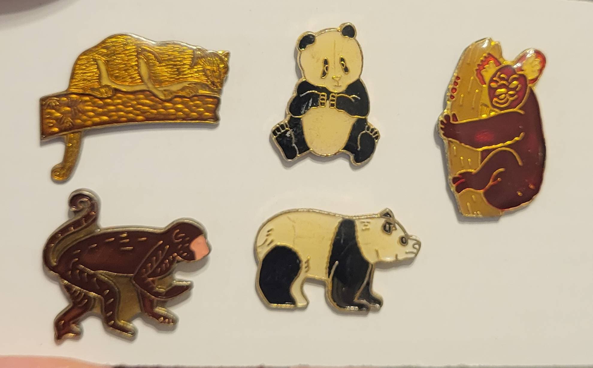 Vintage Enamel Wildlife Pins // Cougar Panther Big Cat / Monkey / Panda ...