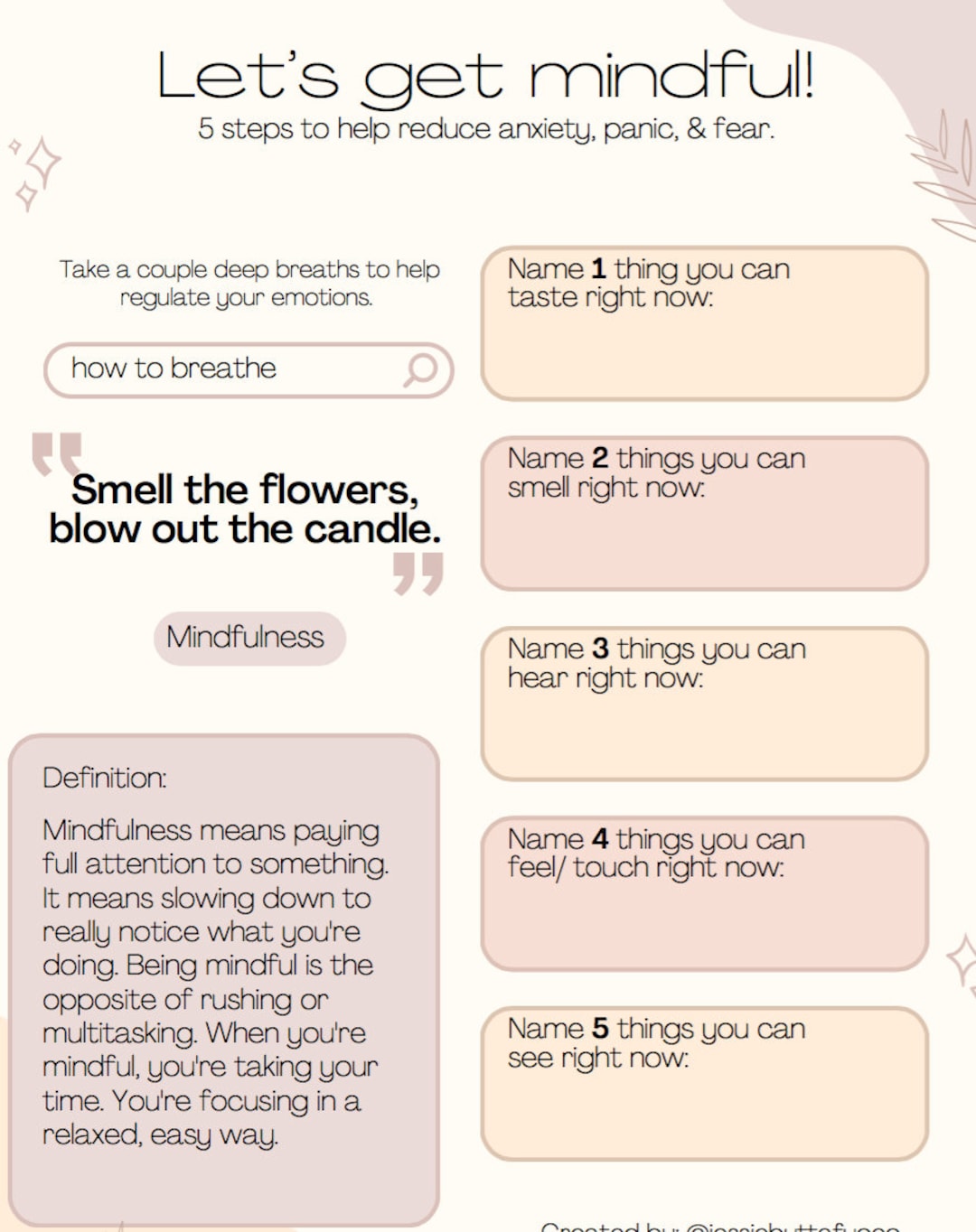 Mindfulness Worksheet- 5 Steps to Reducing Anxiety, Panic, and Fear. - Etsy