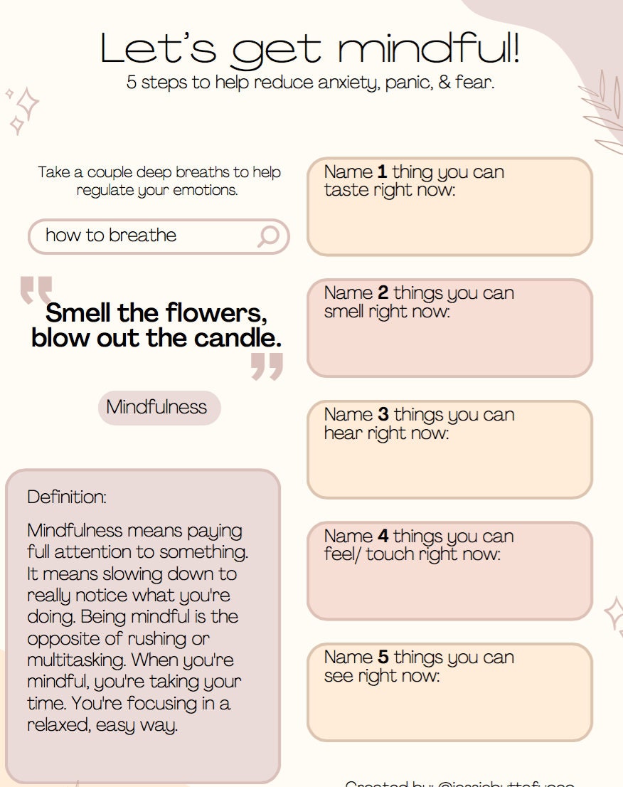 Mindfulness Worksheet- 5 Steps to Reducing Anxiety, Panic, and Fear. - Etsy