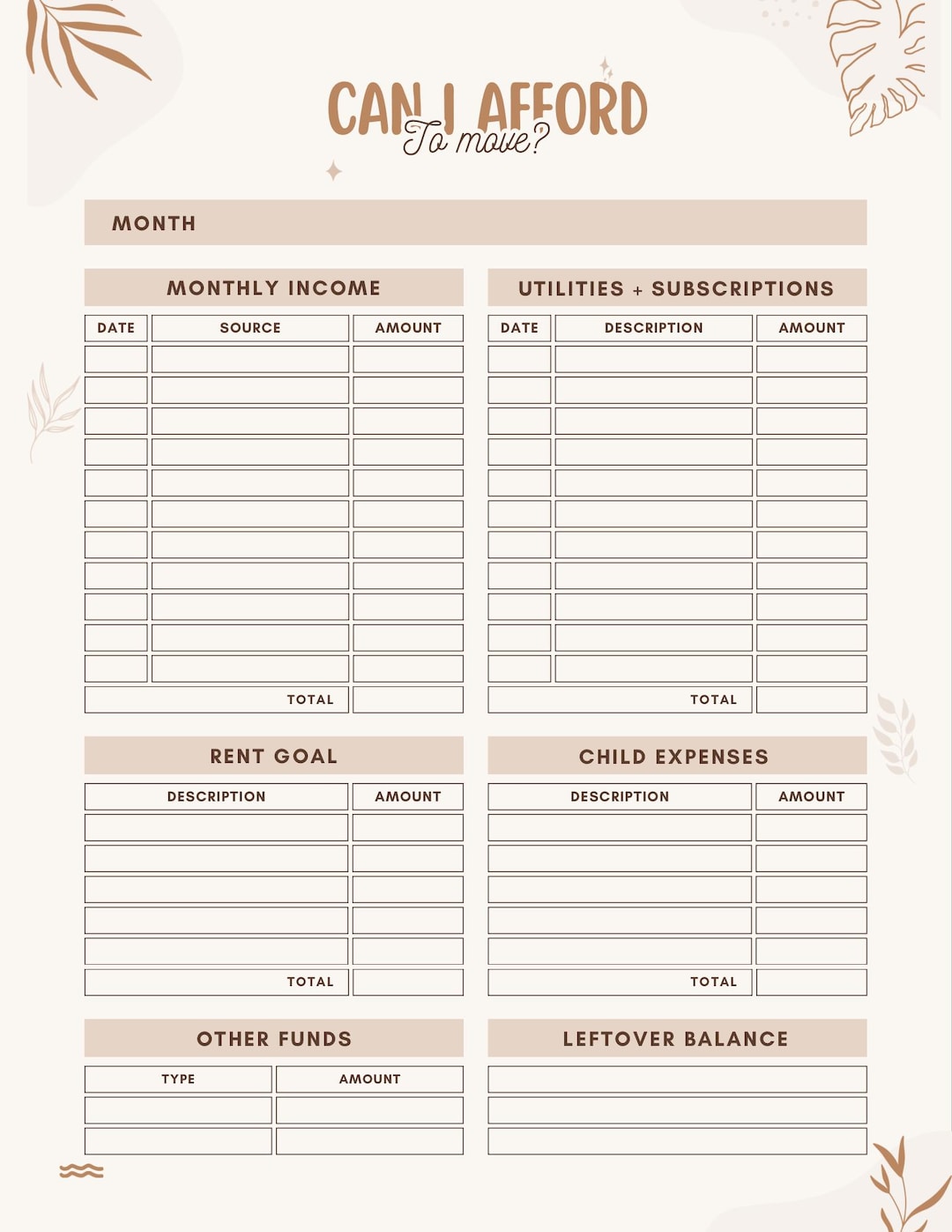 Solo / Single Mom Friendly Moving Out Budget Sheet | First Apartment ...