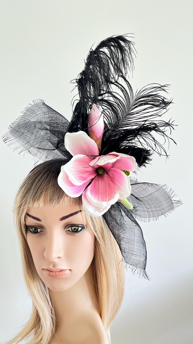 Pink Magnolia With Black Feathers Fascinator, Headband, Boho, Weddings, Races, Melbourne Cup ...