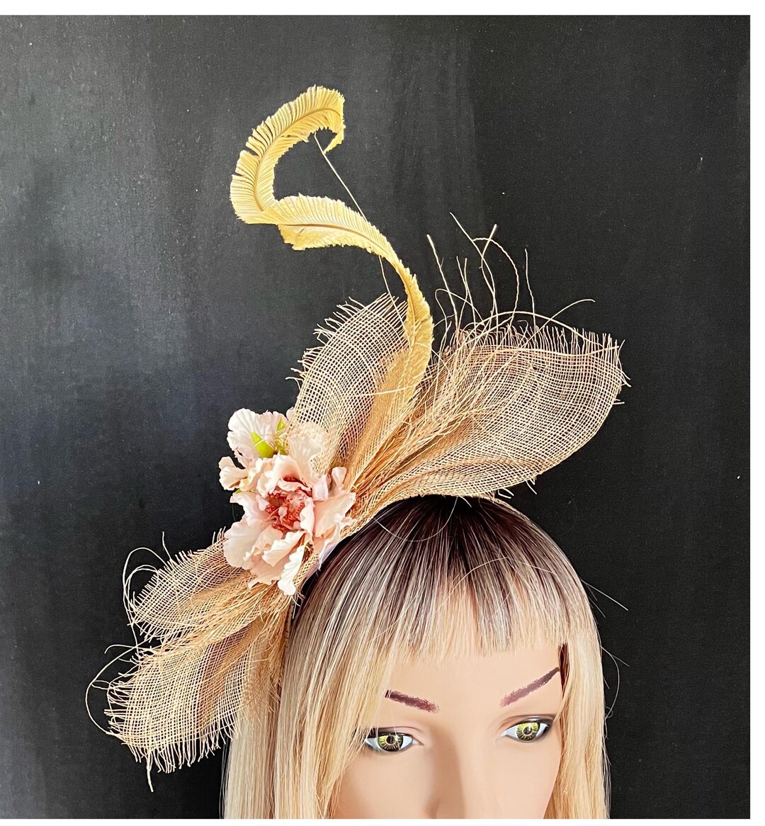 Sinamay Beige Fascinator on Headband, Feather Fascinator, Wedding ...