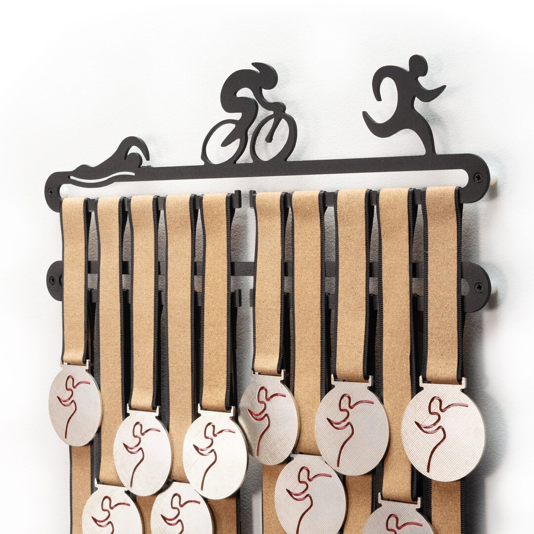 Triathlon Black Medal Display Double Hanger, Triathlete Medal Holder ...