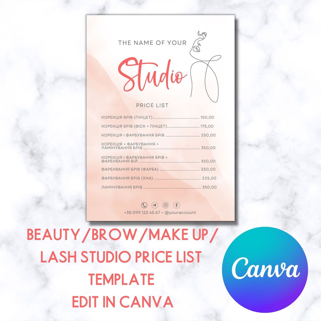 Canva Template Brow/beauty/lash Price List Template, Makeup Price List ...