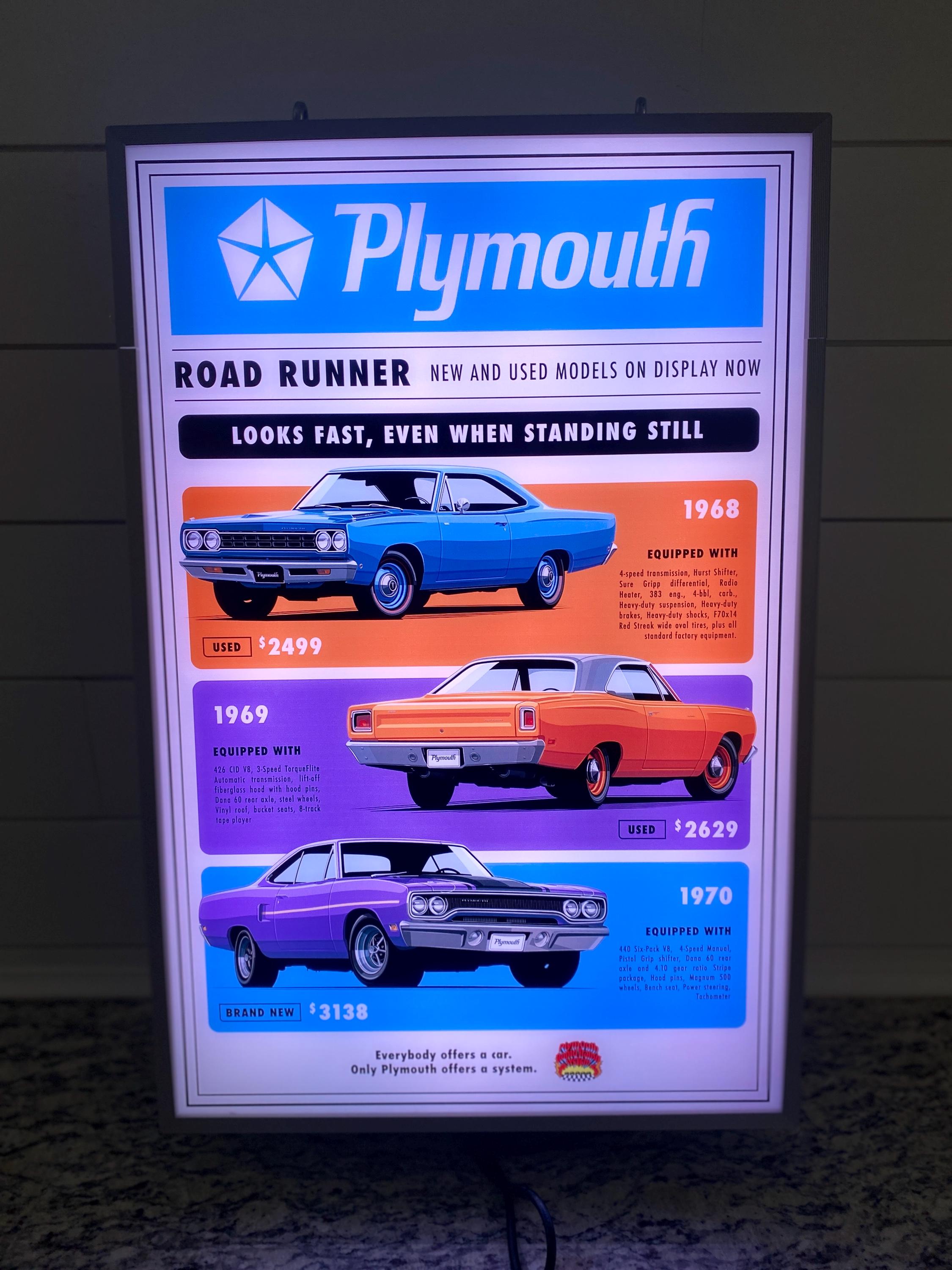 Plymouth Road Runner Backlit LED Sign – 24×16 Officially Licensed Mopar ...