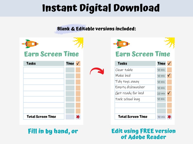 Screen Time Checklist, Kids & Teens - How to Earn Screen Time, Editable ...
