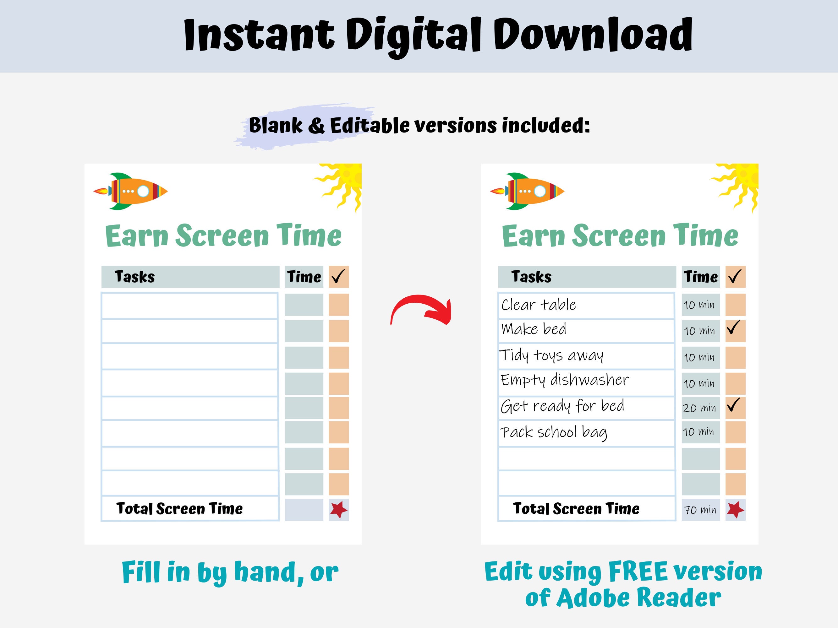 Screen Time Checklist, Kids & Teens - How to Earn Screen Time, Editable ...
