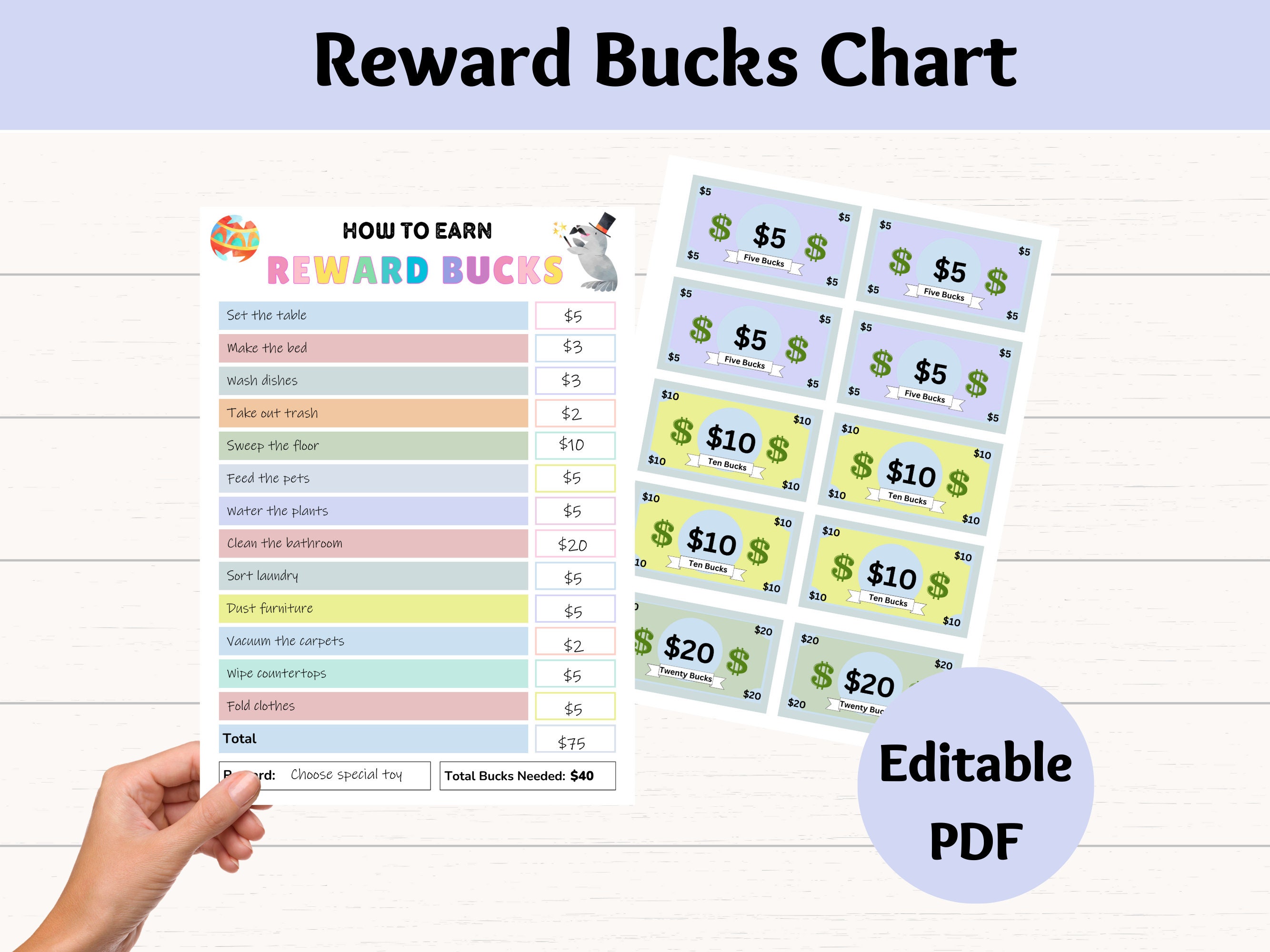 Editable Kids Reward Bucks, Printable, Mom Bucks, PDF Reward System for ...