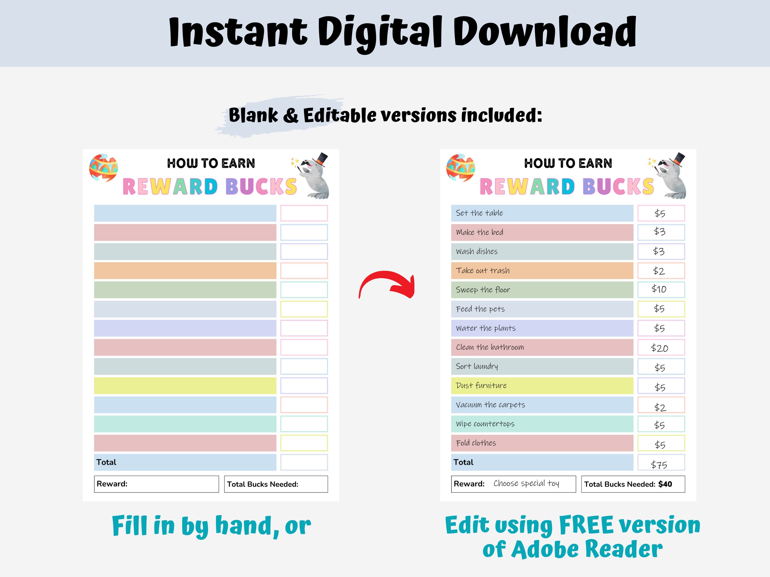 Editable Kids Reward Bucks, Printable, Mom Bucks, PDF Reward System for ...