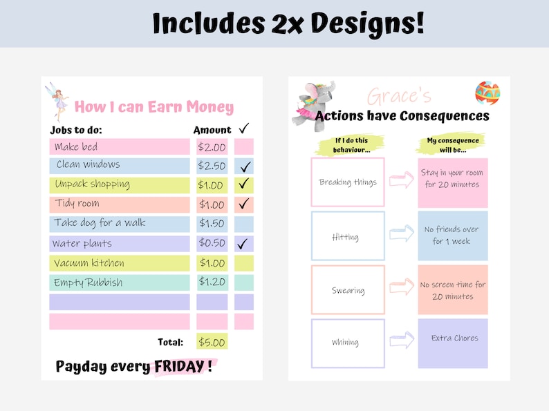 Kids Consequence Chart, Two Designs Included, Editable Earn Money Chart ...