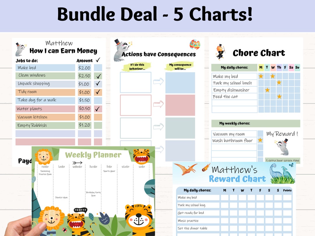 Bundle Deal, 5 Charts! Kids Reward Chart, Weekly Planner, Earn Money ...