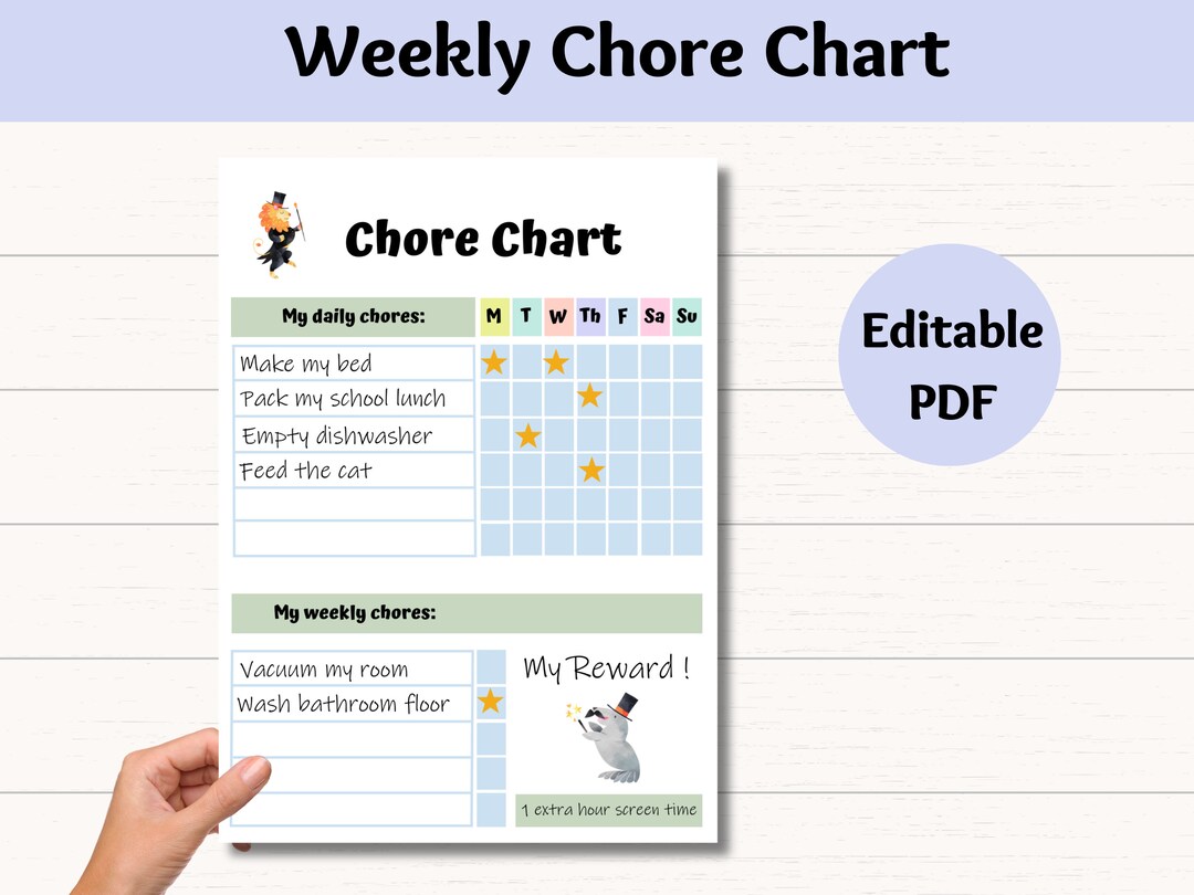 Kids Weekly Chore Chart, Weekly Chore Printable, Editable PDF, Kids ...