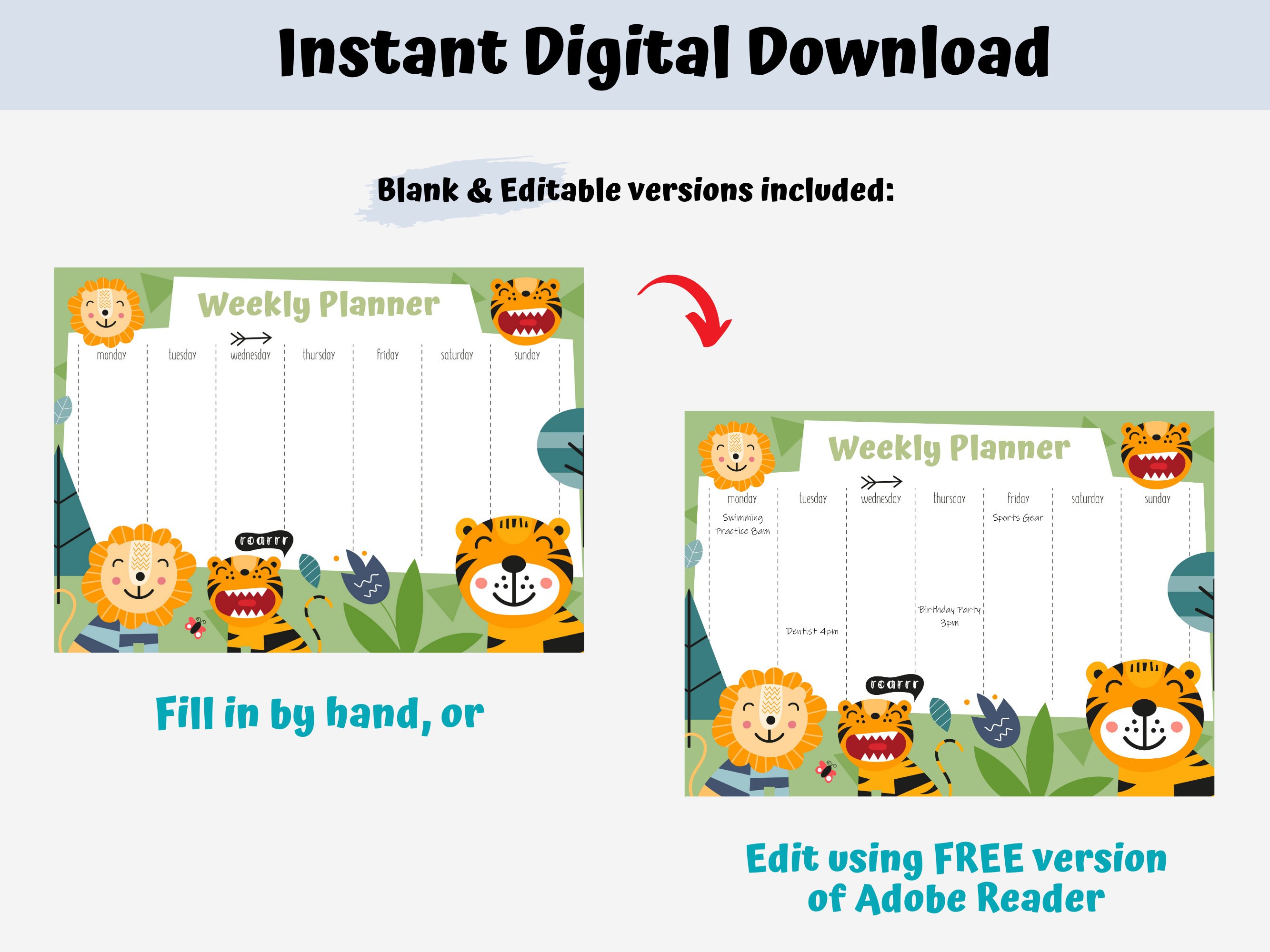 Kids Weekly Planner Printable Editable Weekly Schedule Kids - Etsy