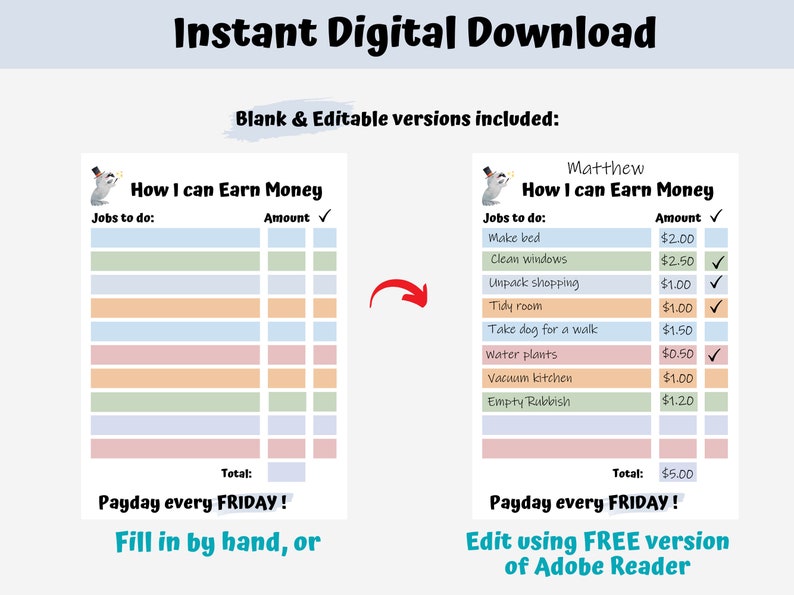 How to Earn Money Chore Chart, Editable Allowance Chore Chart for Kids, Printable Chore Chart ...