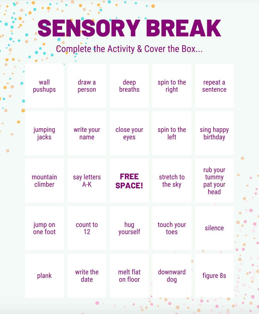 Sensory Break Bingo Game and Playing Cards, School Brain Break ...