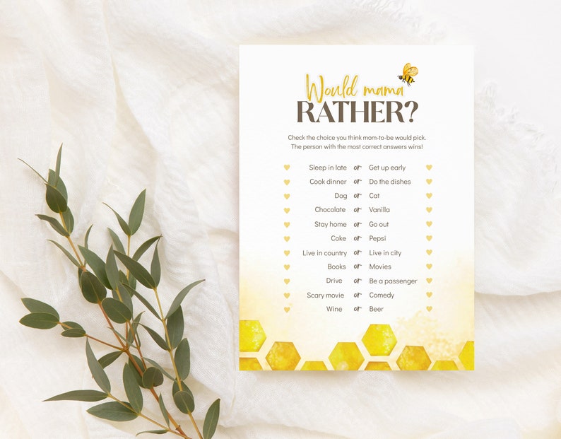 Little Bumble Bee Baby Shower Games, Would Mama Rather, Honey Comb Baby ...