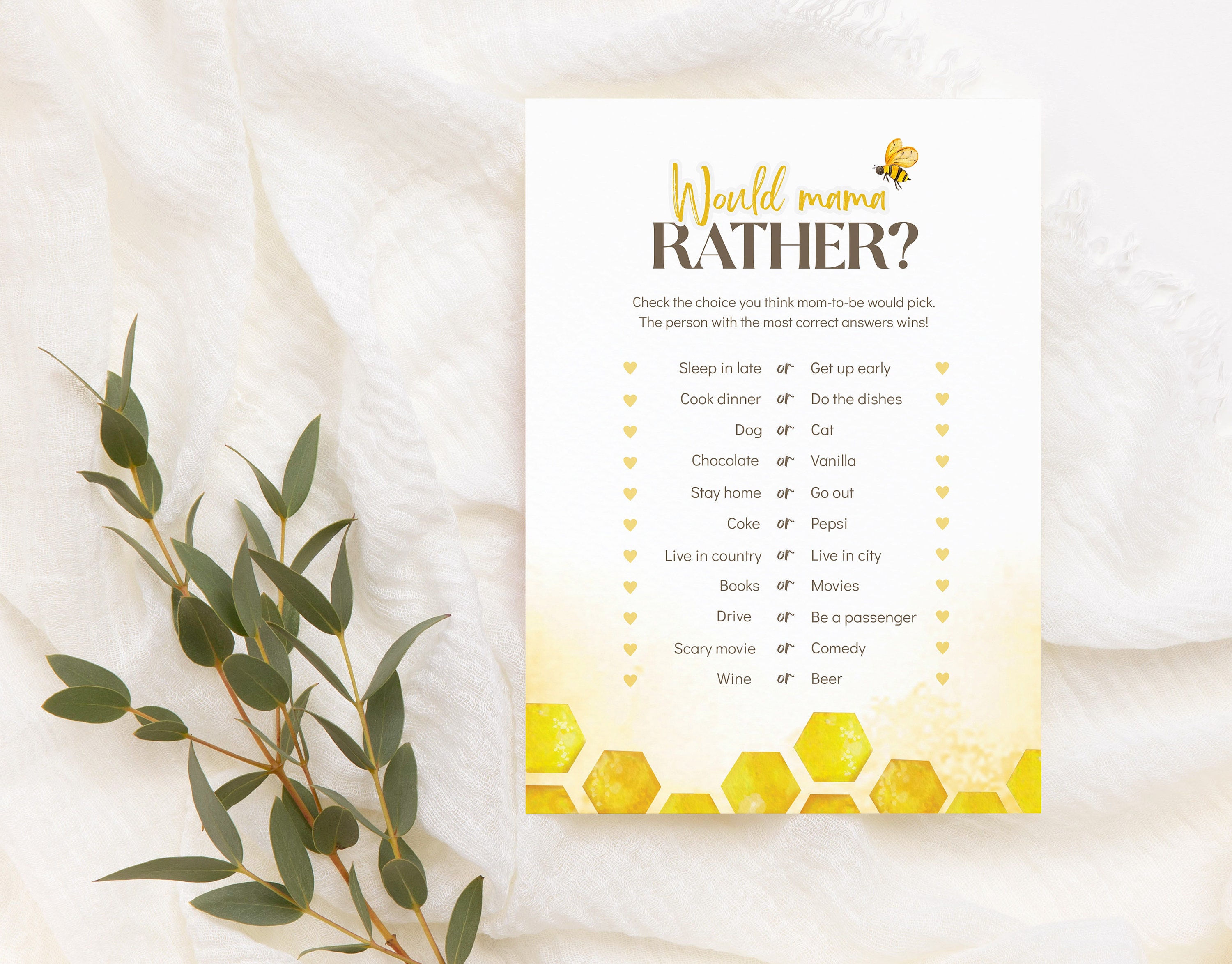 Little Bumble Bee Baby Shower Games, Would Mama Rather, Honey Comb Baby ...