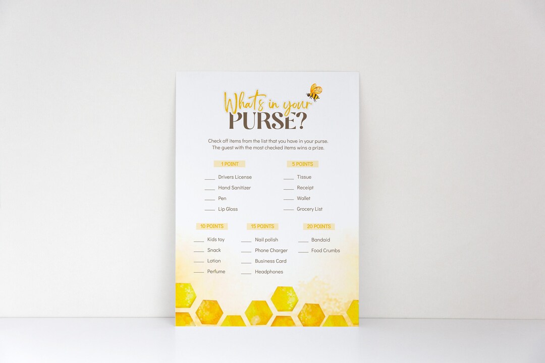 Mama to Bee Baby Shower Game, What's in Your Purse Game, Bee Baby ...