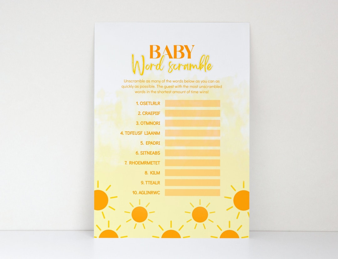 Word Scramble Baby Shower Game, Sun Baby Shower Games, Sunshine Baby ...