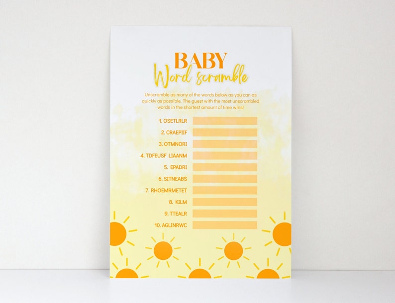 Word Scramble Baby Shower Game, Sun Baby Shower Games, Sunshine Baby ...