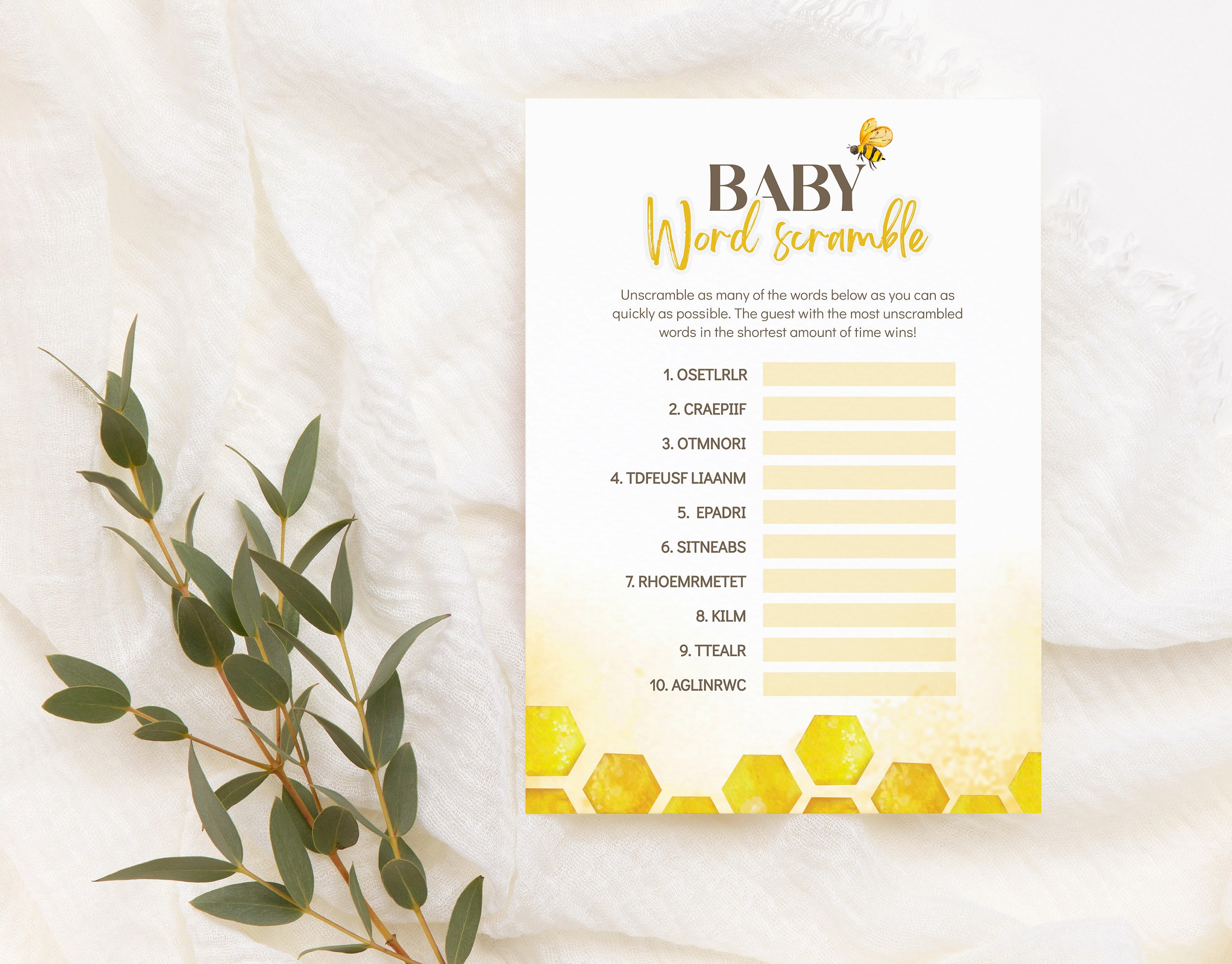 Mama to Bee Baby Shower Games, Word Scramble Baby Shower Game, Bee Baby ...