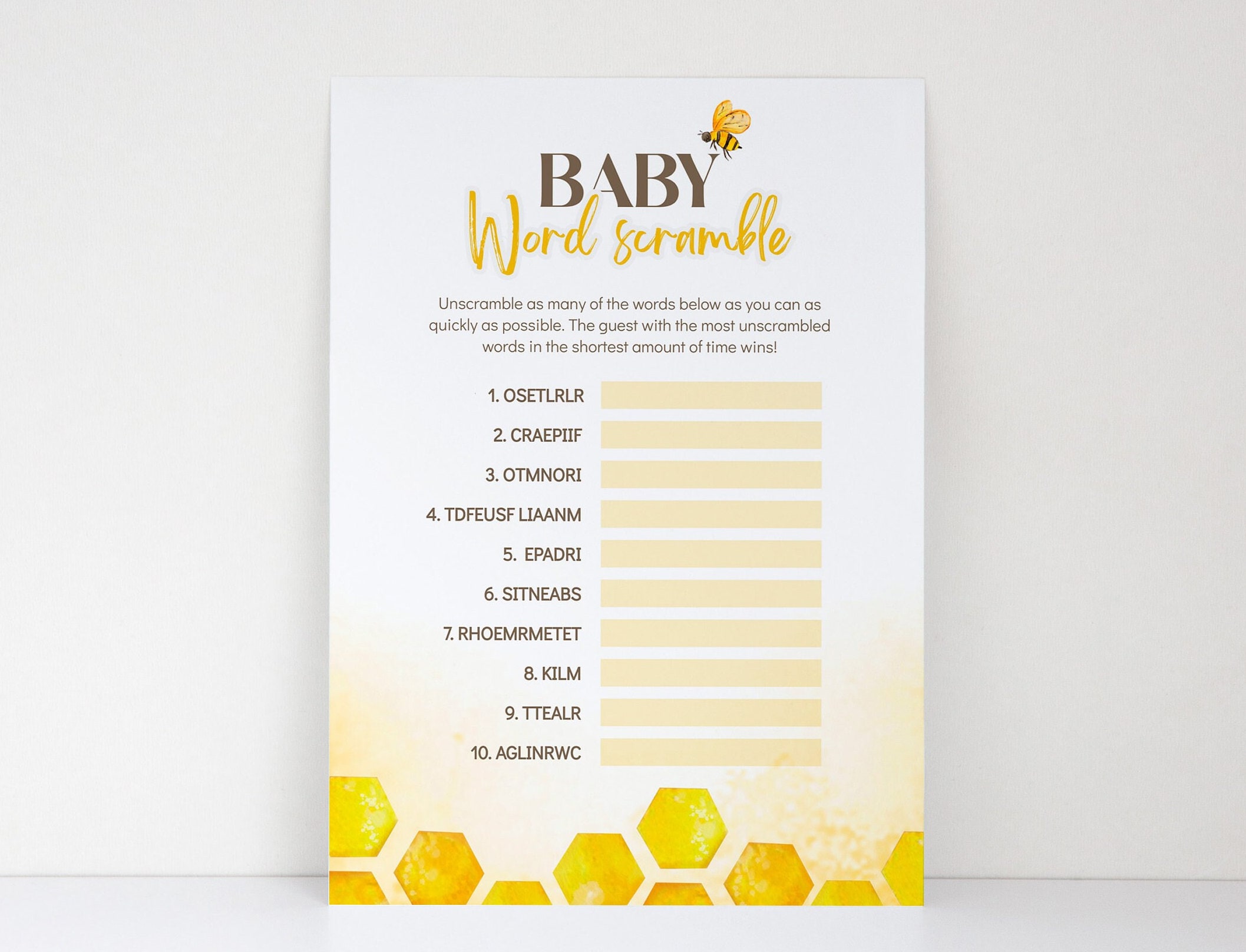 Mama to Bee Baby Shower Games, Word Scramble Baby Shower Game, Bee Baby ...