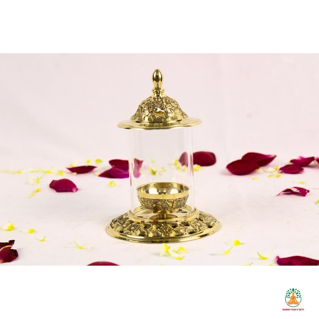 Brass Lamp Diya With Round Glass Wind Shield – Traditional Puja Diya ...