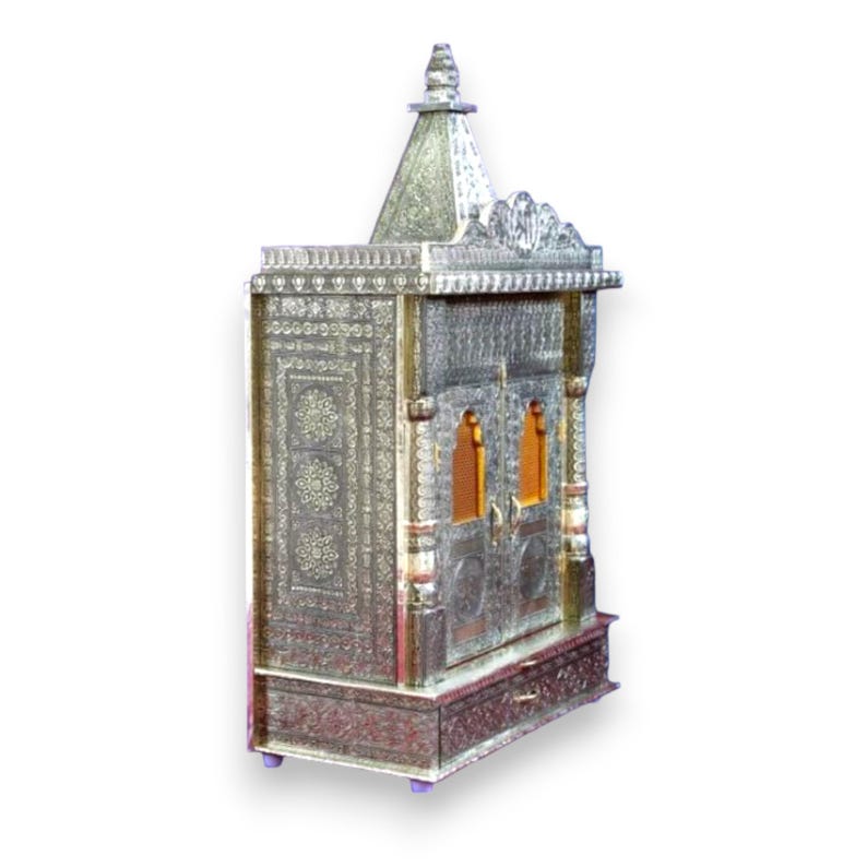 Silver Oxidated Wooden Temple With Brown Accents | Oxidised Mandir ...