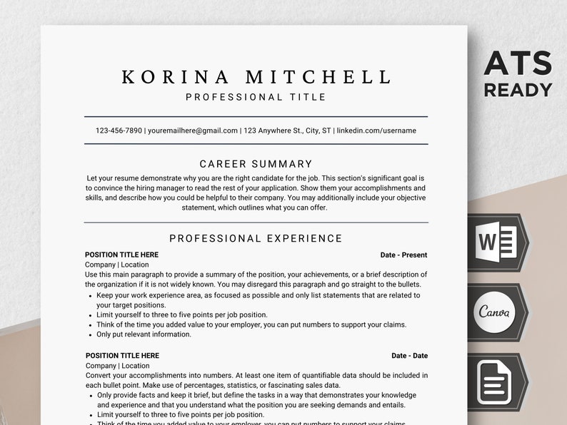 Ats-friendly Resume Templates 2023: Editable Template for Canva, Word ...