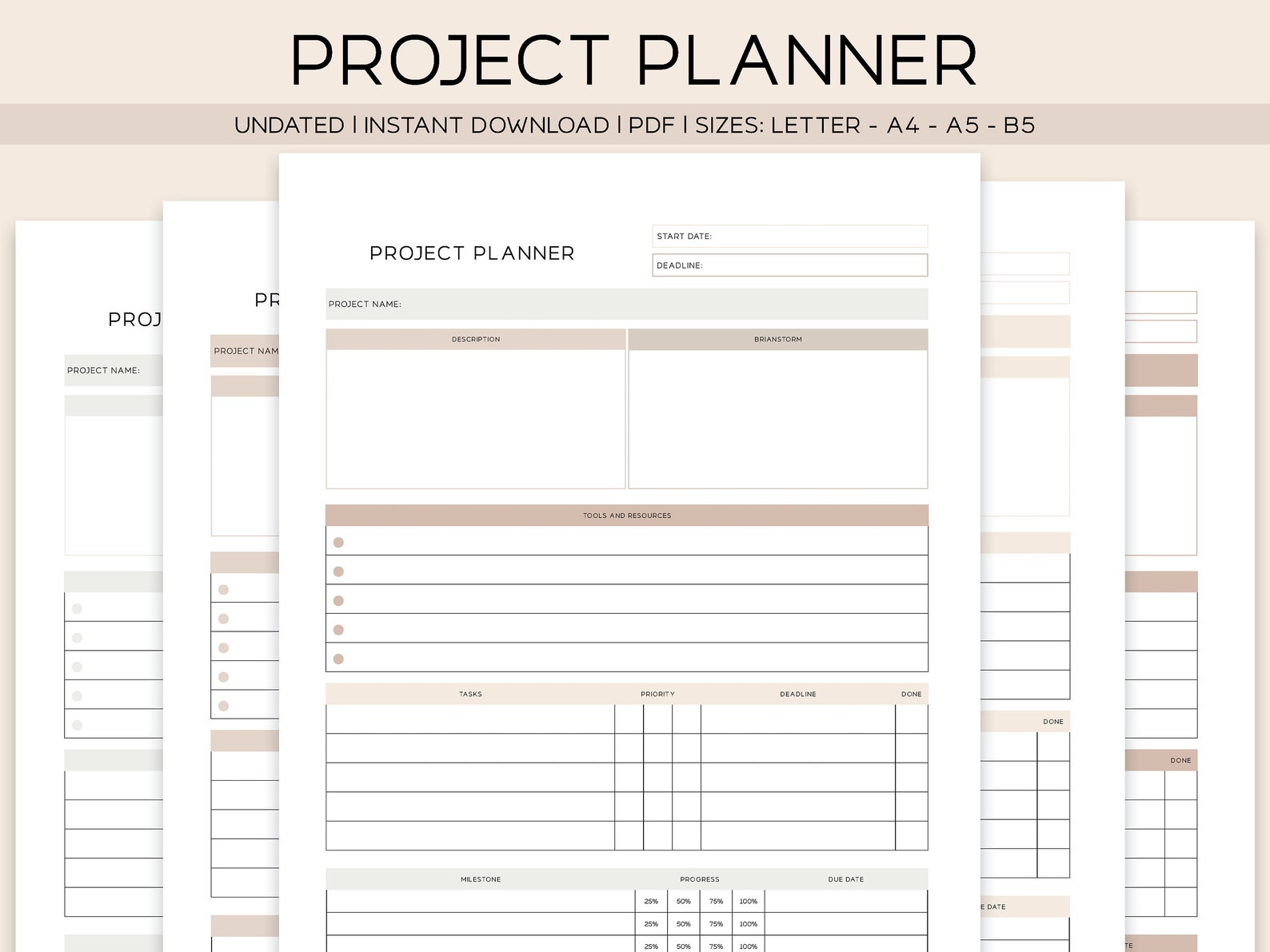 PROJECT PLANNER, A5 Planner Inserts, Instant Download, PDF Letter, A4 ...